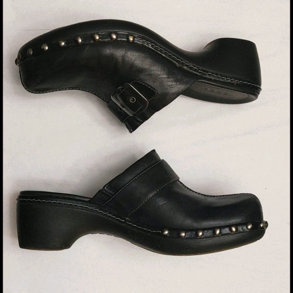 Ecco Black Leather Sports Slip On Clogs - Gem